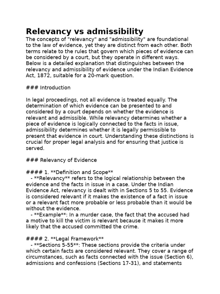 Relevancy Vs Admissibility | PDF | Evidence (Law) | Relevance (Law)