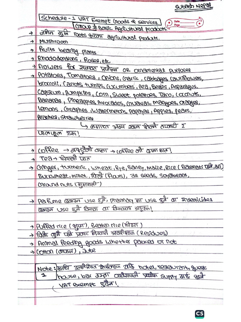 Handwritten Note for Schedule 1 Value Added Tax Act, 2058 | PDF