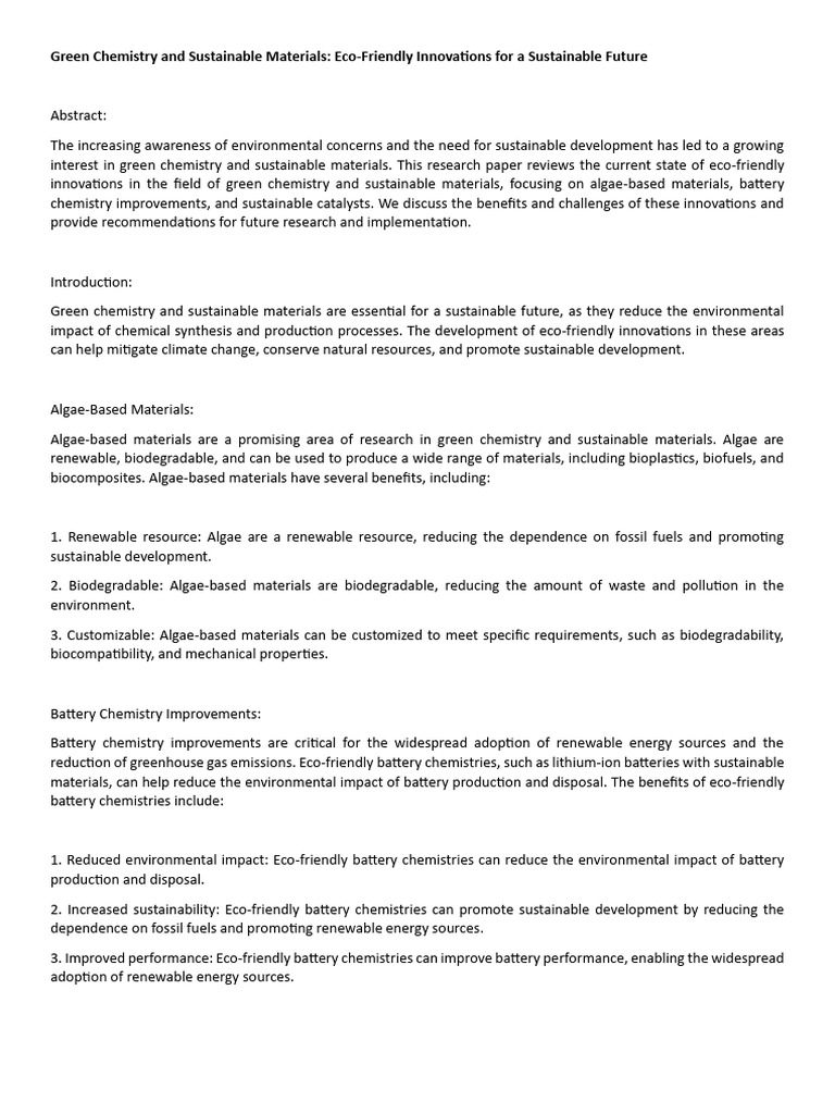 Eco-Friendly Innovations in Green Chemistry | PDF | Sustainability ...