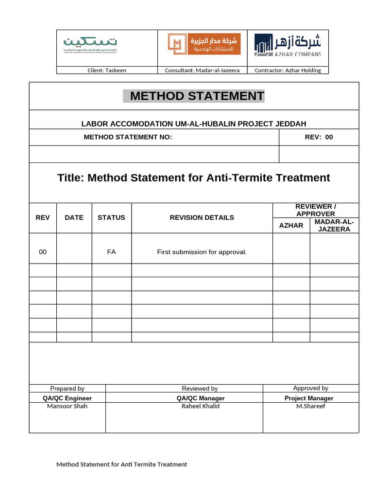 Method Statement For Anti Termite Treatment | PDF | Personal Protective Equipment | Safety