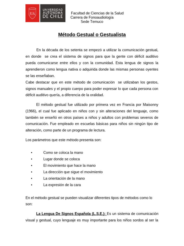 Método Gestual en Fonoaudiología | PDF | Lenguaje de señas | Comunicación