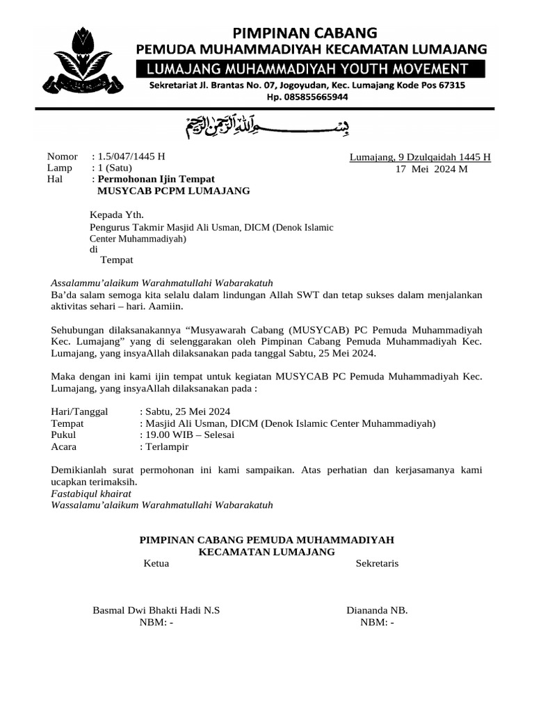 Permohonan Izin MUSYCAB PCPM Lumajang | PDF