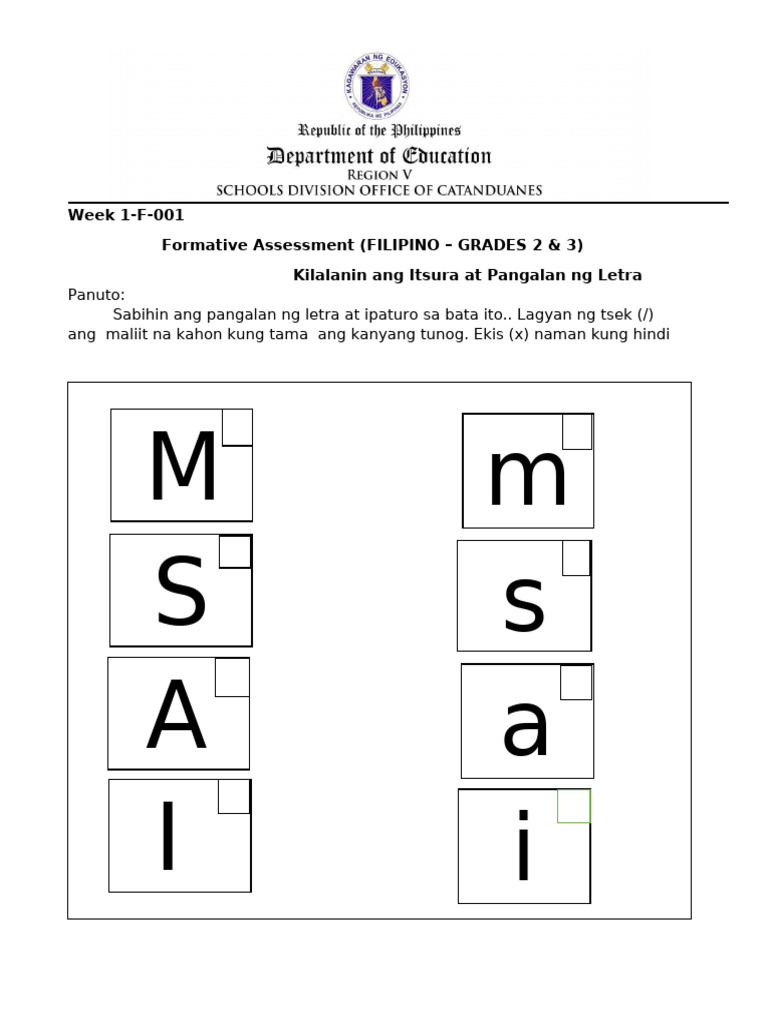 Sample Asessment Tool in Filipino 1 | PDF