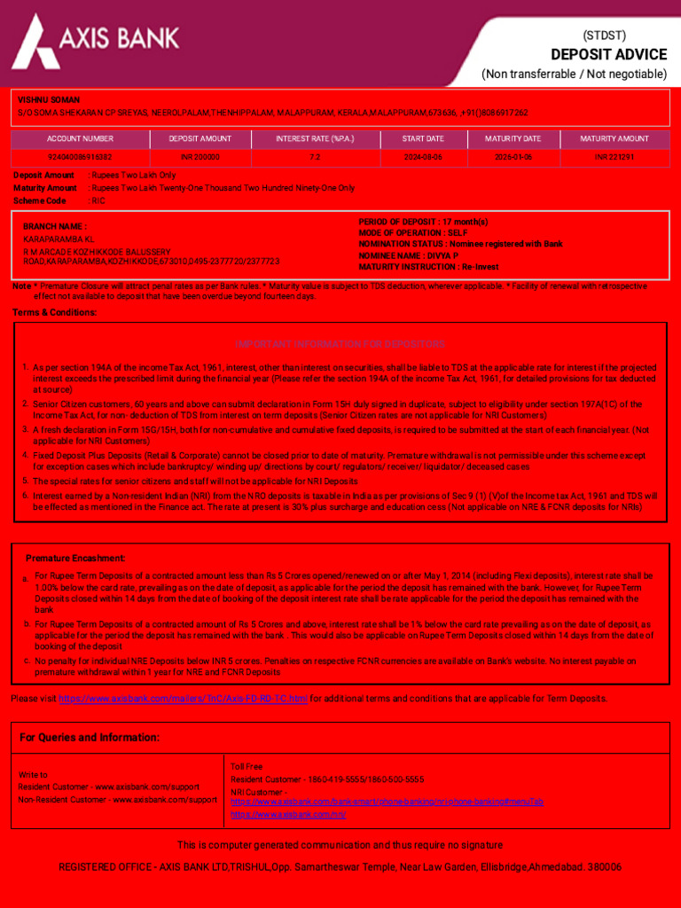 Fixed Deposit Statement | PDF | Payments | Government Finances