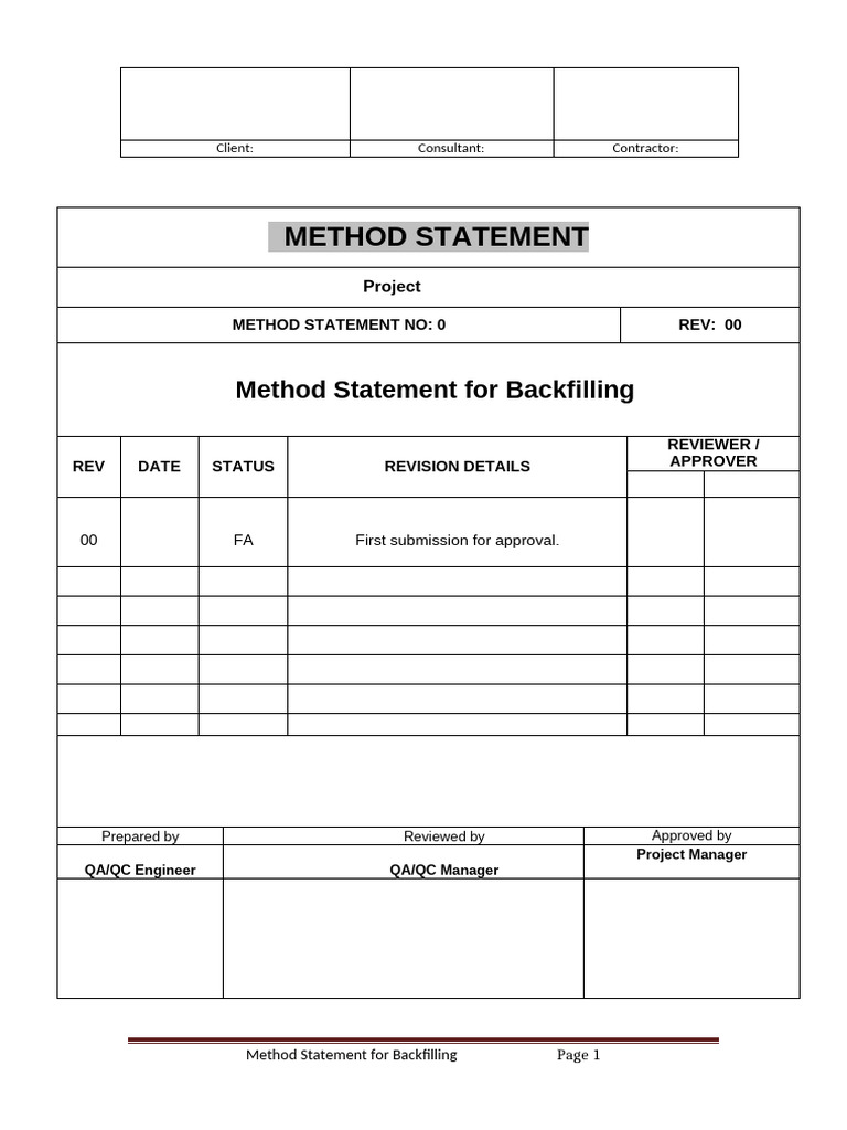 Method Statement for Backfilling 0001 | PDF | Quality Assurance | Specification (Technical Standard)