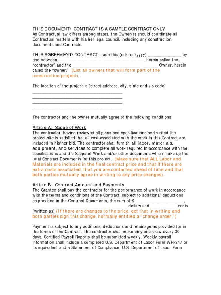 Sample Construction Contract to Decrease the Chance of Unfair Liens 8-4 ...