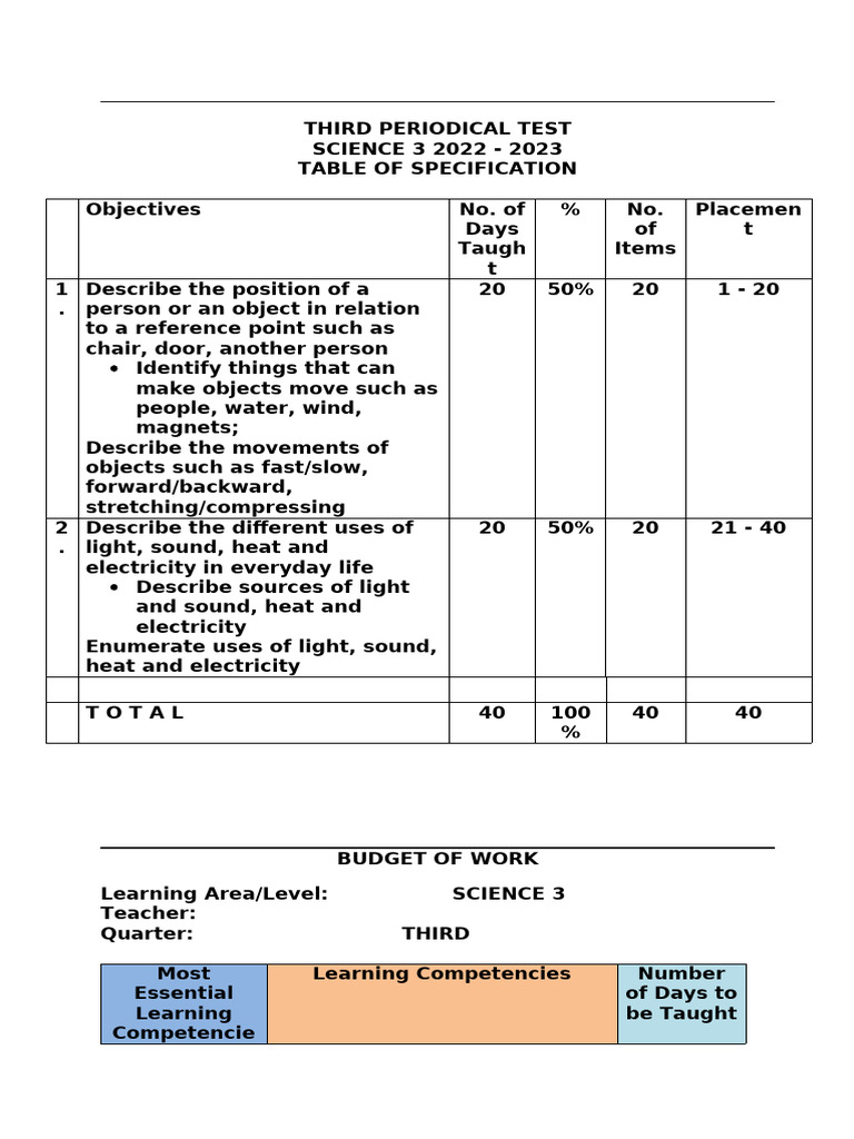 Third Periodical Test Science 3 2024 2025 | PDF