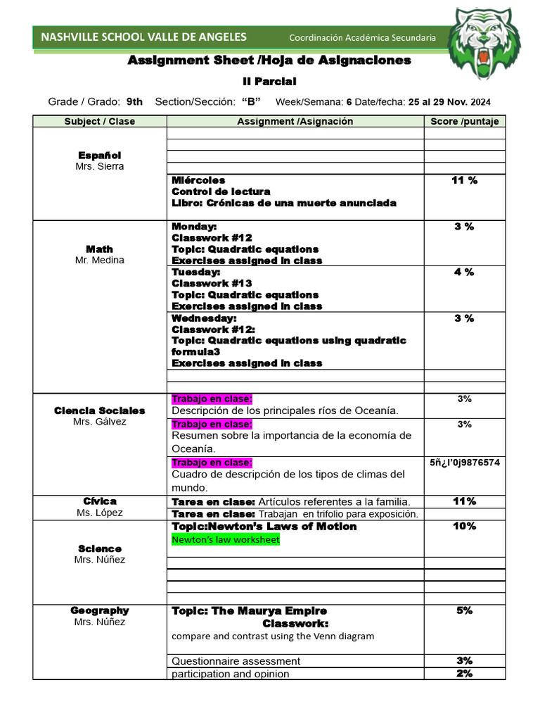 Hoja de Trabajo 9no - B Grado Semana 6 | PDF