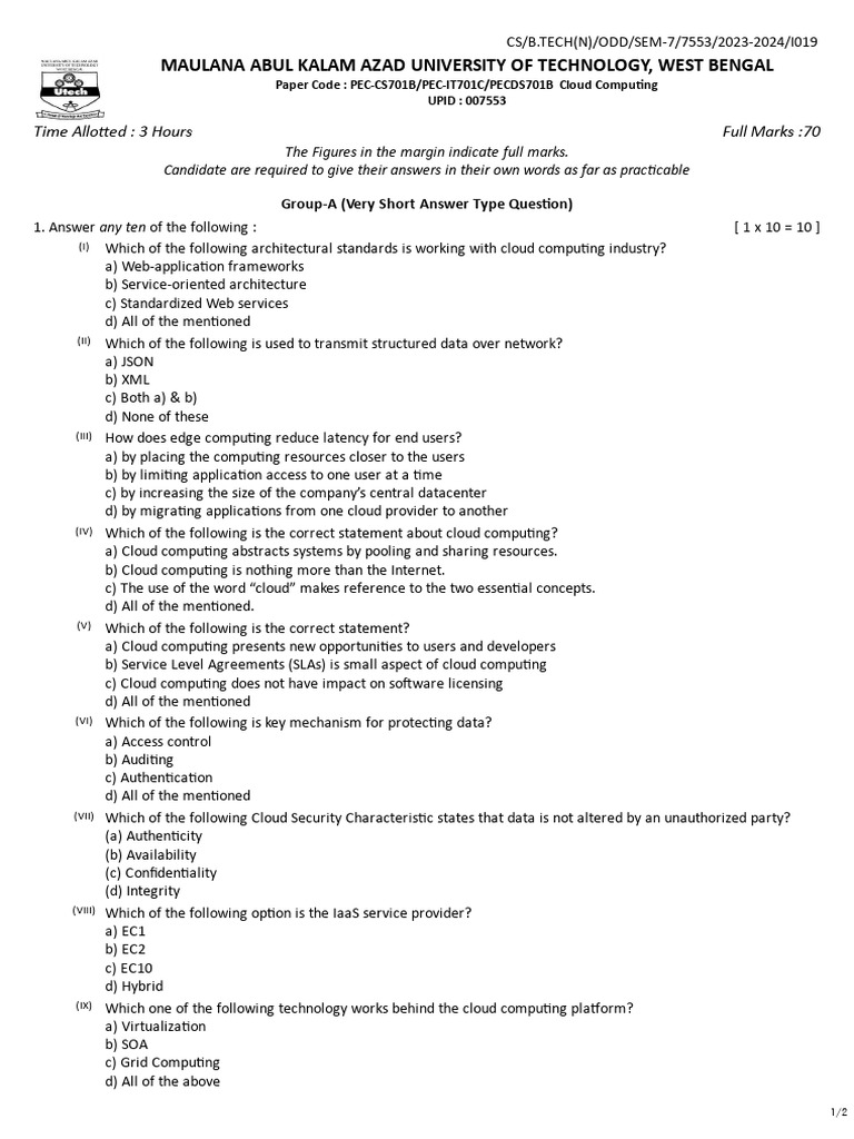 Btech Cse 7 Sem Cloud Computing Pec cs701b 2024 | PDF | Cloud Computing | Service Oriented ...