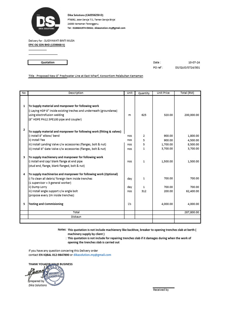 Quotation HDPE 8'' freshwater(1) | PDF | Industrial Processes | Mechanical Engineering