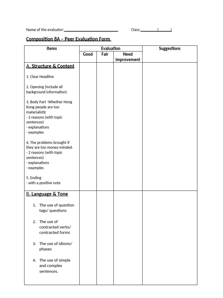 Peer Evaluation Form for Composition 8A | PDF