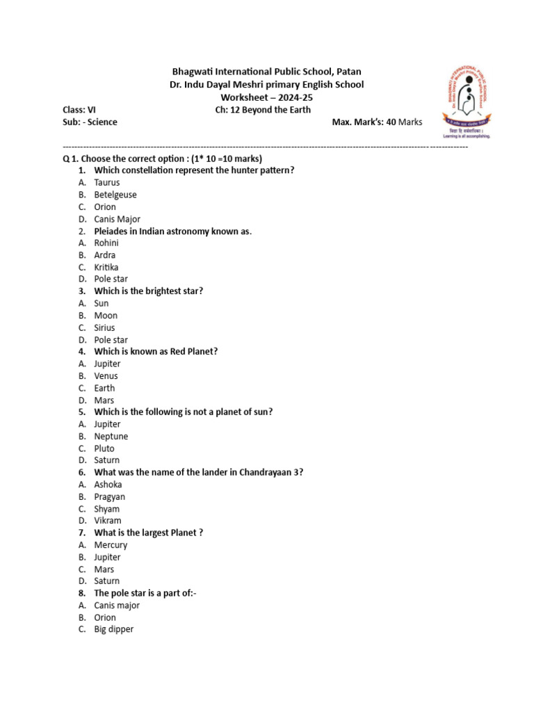 Class 6 Worksheet CH 12 Beyond The Earth | PDF | Planets | Solar System