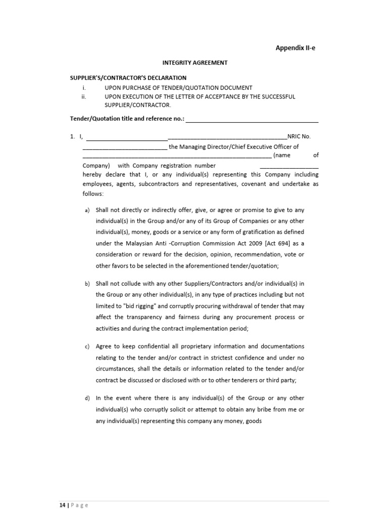 Integrity Declaration - For Supplier and Contractor Upon Award | PDF | Private Law | Justice