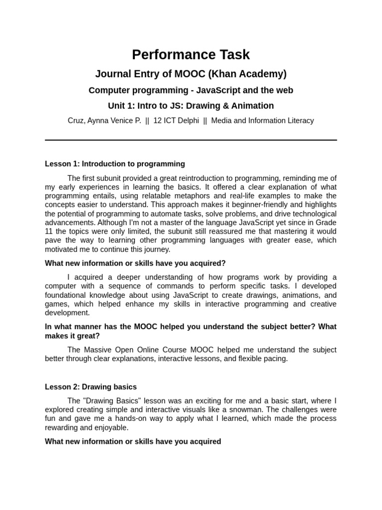 JavaScript Basics: MOOC Learning Journal | PDF | Massive Open Online ...