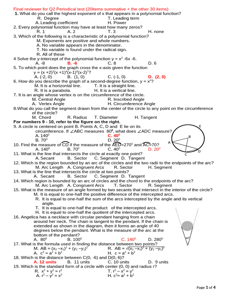 Q2 Periodical Test Review: Polynomials & Circles | PDF | Circle | Angle