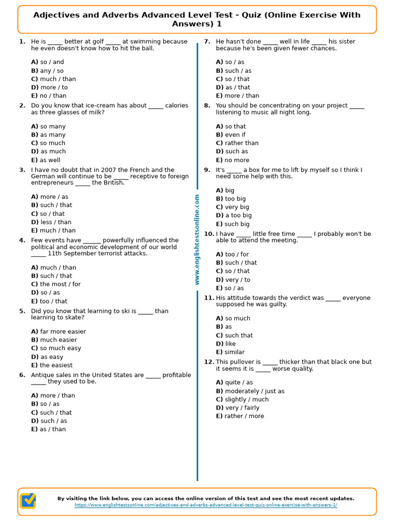 339 - Adjectives and Adverbs Advanced Level Test Quiz Online Exercise ...