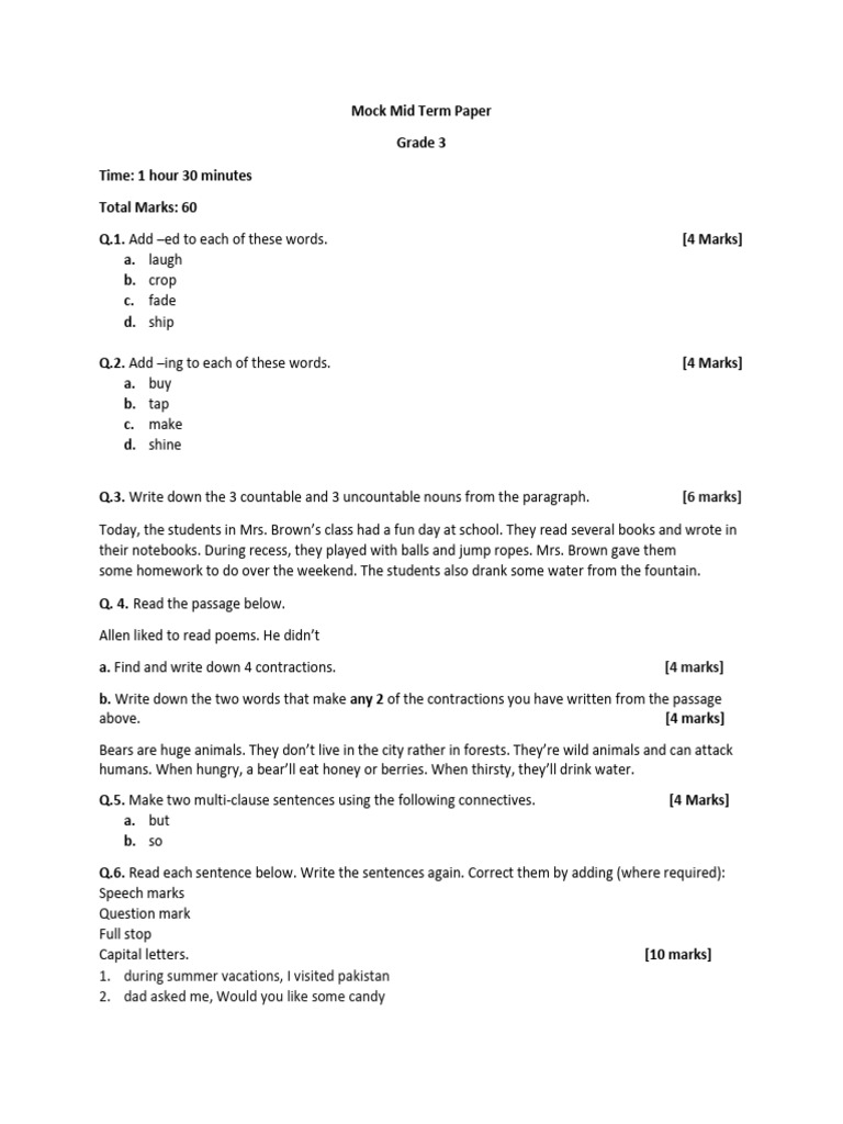 Grade 3 Mock Mid Term Exam Paper | PDF | Verb | Grammar