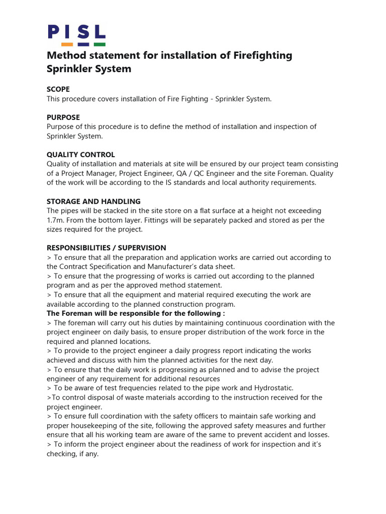 Method Statement of Fire Sprinklers | PDF | Valve | Pipe (Fluid Conveyance)