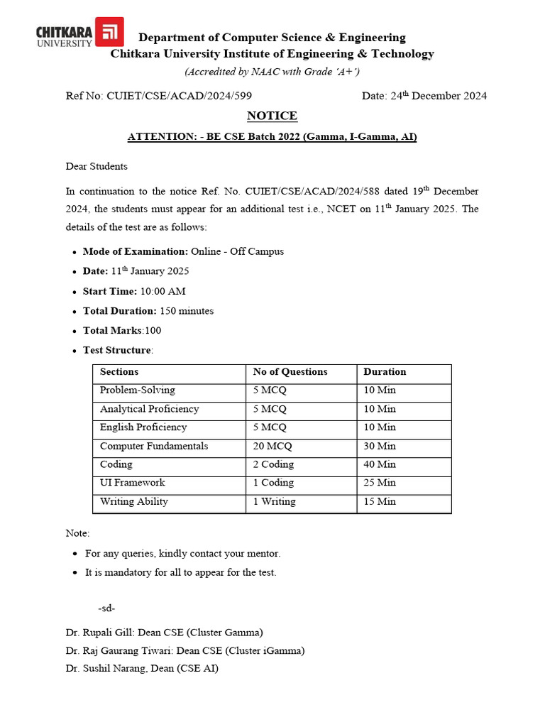 NCET Test Notice for CSE Batch 2022 | PDF