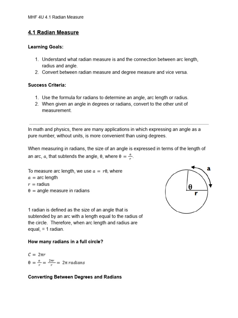 4.1 Radian Measure | PDF | Angle | Pi