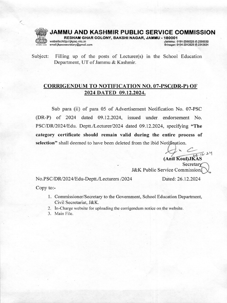 Corrigendum To Notification No 07PSC DRP of 2024 Lecturer(s) School ...