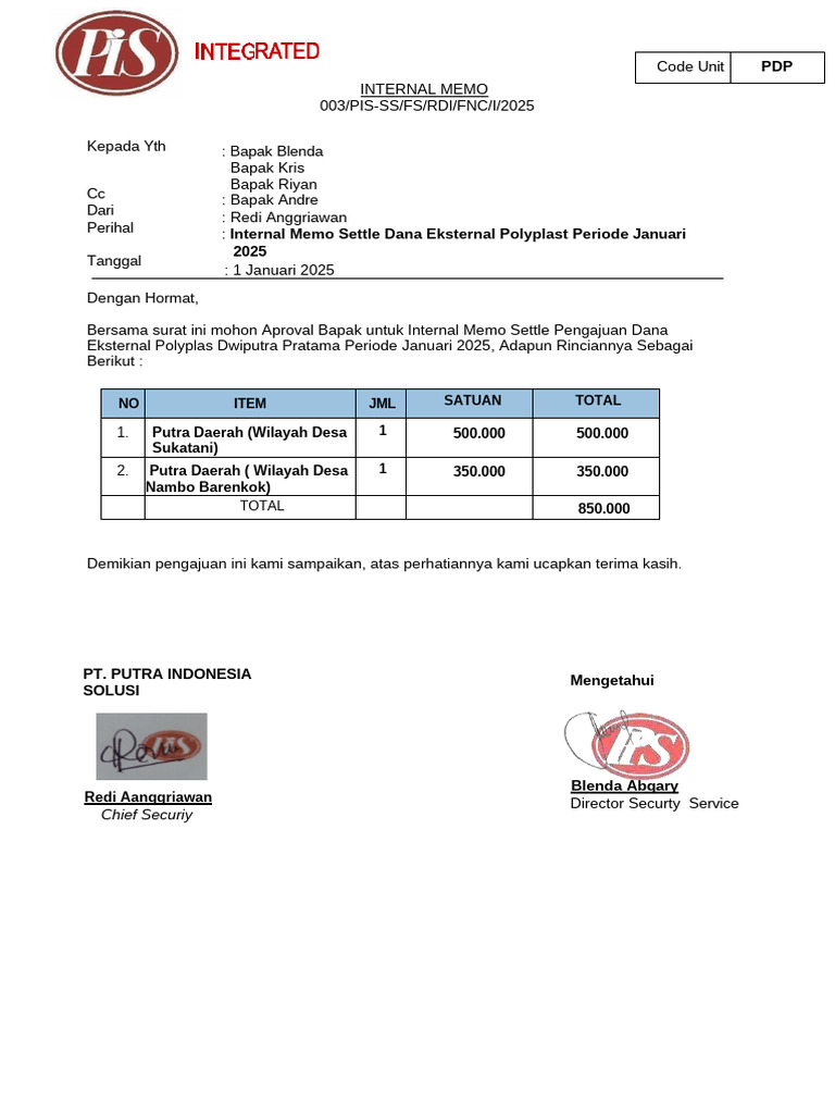 IM Pengajuan Dana Eksternal POLYPLAST JaNUARI 2025 | PDF