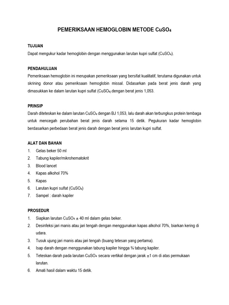PEMERIKSAAN HEMOGLOBIN CuSO4, SAHLI, DRABKIN, HA, POCT | PDF