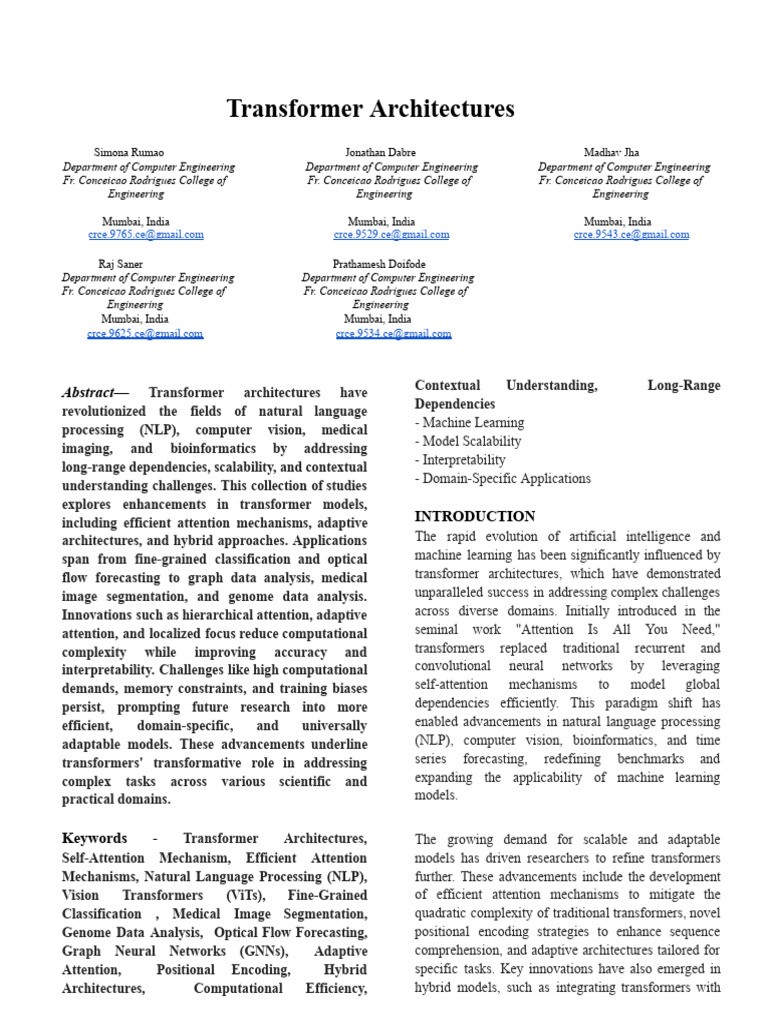 Transformer Architectures - ResearchPaper | PDF | Bioinformatics | Computer Vision