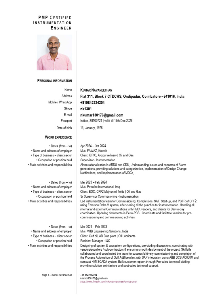 Kumar Navaneethan: Instrumentation Engineer Resume | PDF | Programmable ...