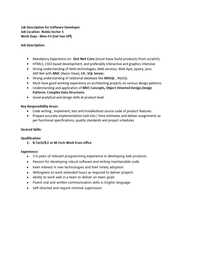 Job Description For Software Developer | PDF
