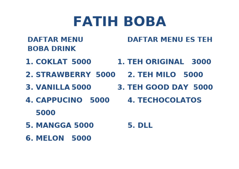 Daftar Menu Daftar Menu Es Teh | PDF