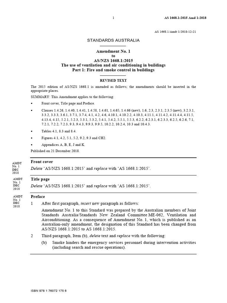 Amendment No. 1 To AS/NZS 1668.1:2015 | PDF | Duct (Flow) | Building Automation