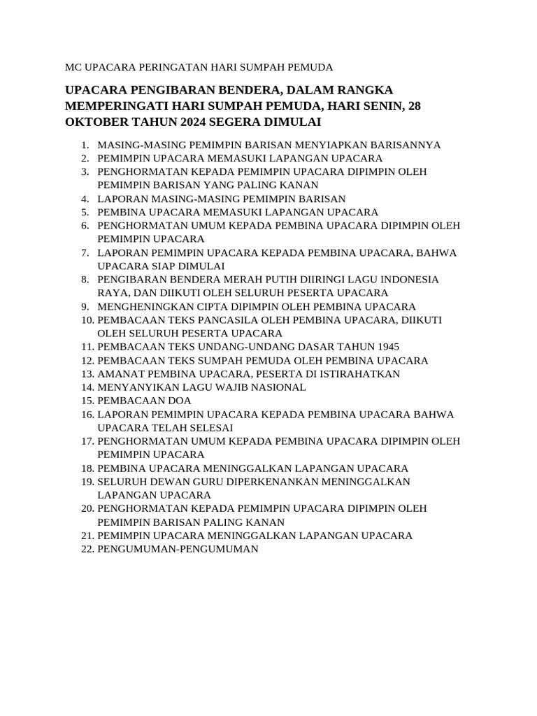 Bagi MC UPACARA PERINGATAN HARI SUMPAH PEMUDA | PDF
