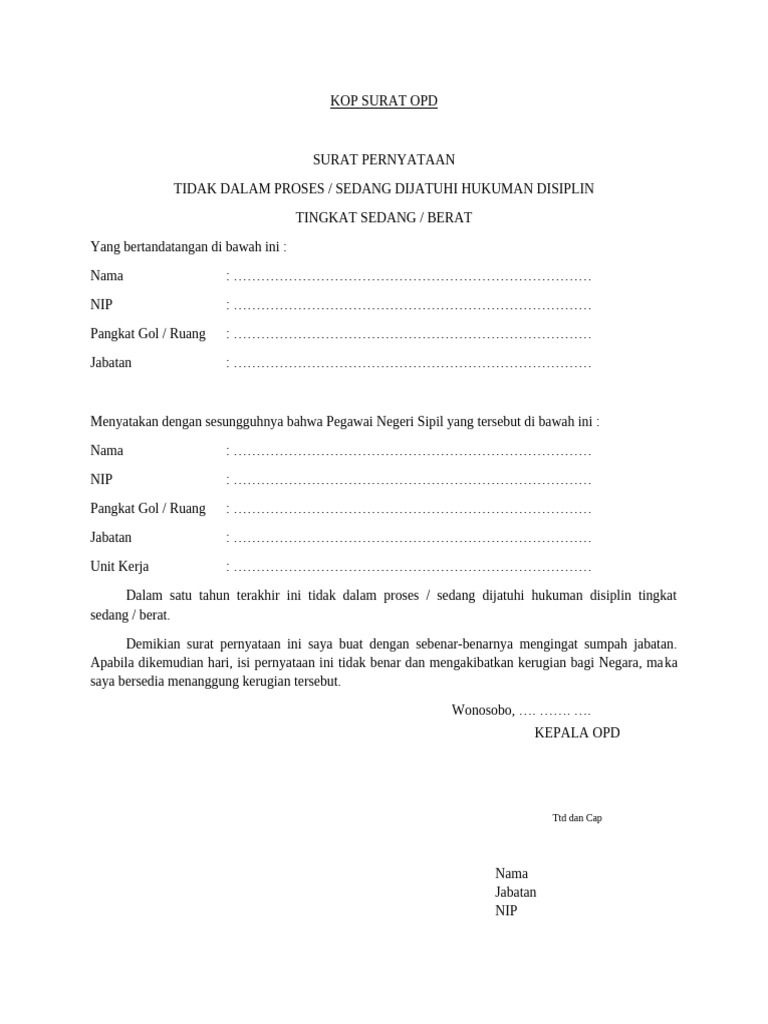 Surat Pernyataan Bebas Hukuman Disiplin | PDF