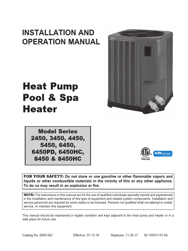 Raypak Installation and Operation Manual | PDF | Heat Pump | Pump