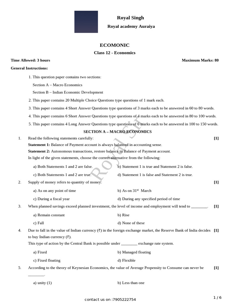 Class 12 Economics Exam Paper | PDF | Exchange Rate | Subsidy