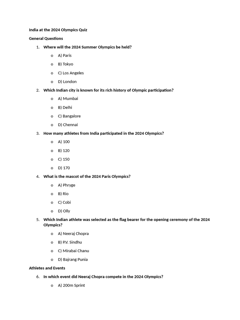 India at The 2024 Olympics Quiz | PDF | Olympic Games | Sports
