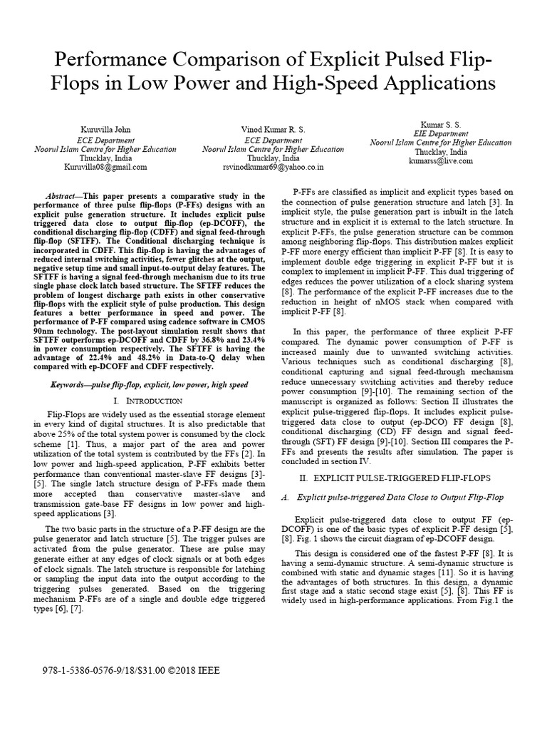 Performance Comparison of Explicit Pulsed Flip - Flops in Low Power and High-Speed Applications ...