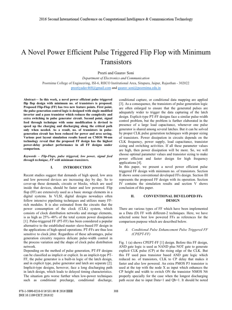 A Novel Power Efficient Pulse Triggered Flip Flop With Minimum | PDF | Logic Gate | Electronic ...