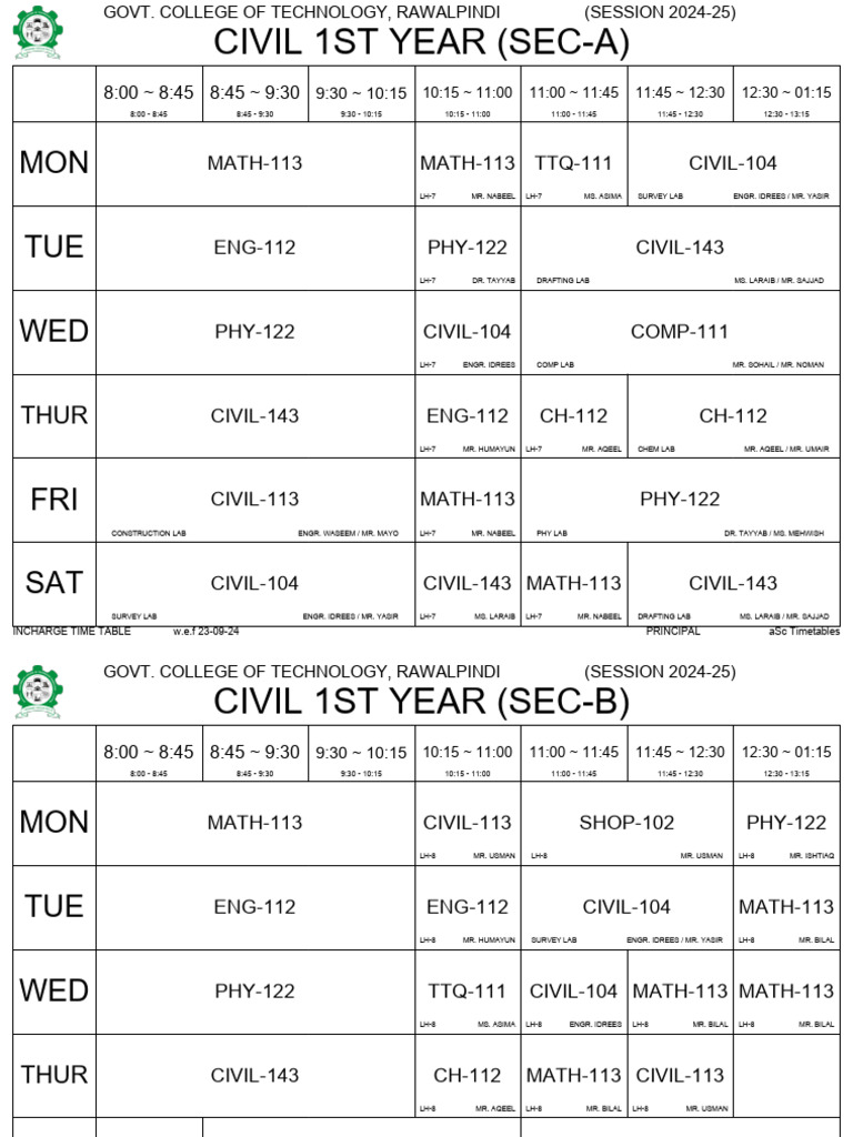 Civil Engineering Timetable 2024-25 | PDF
