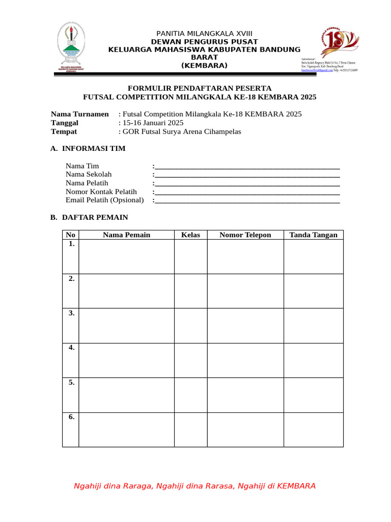 Formulir pendaftaran peserta FUTSAL COMPETITION MILANGKALA KE-18 ...