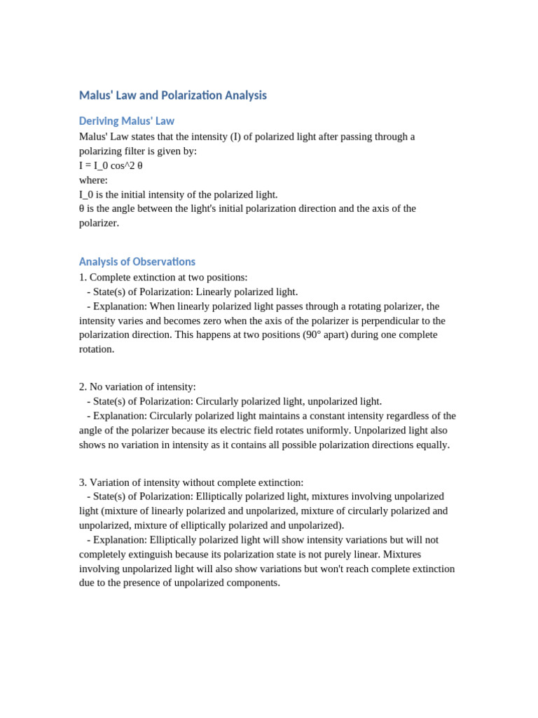 Malus Law and Polarization Analysis | PDF | Polarization (Waves ...