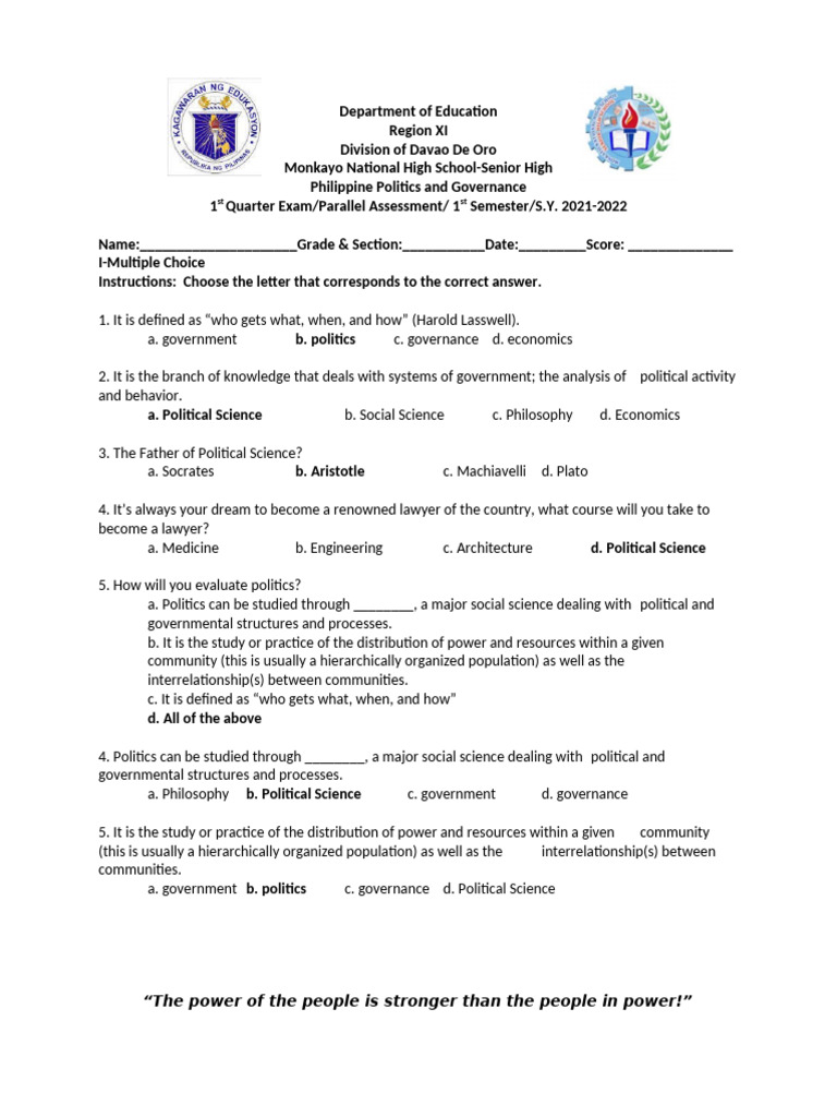 TQ - PPG - 1st QTR Exam-SY 21-22 | PDF