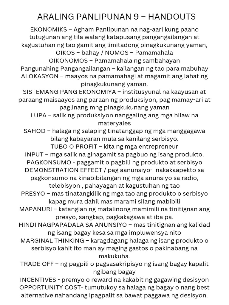 Araling Panlipunan 9 – Handouts | PDF