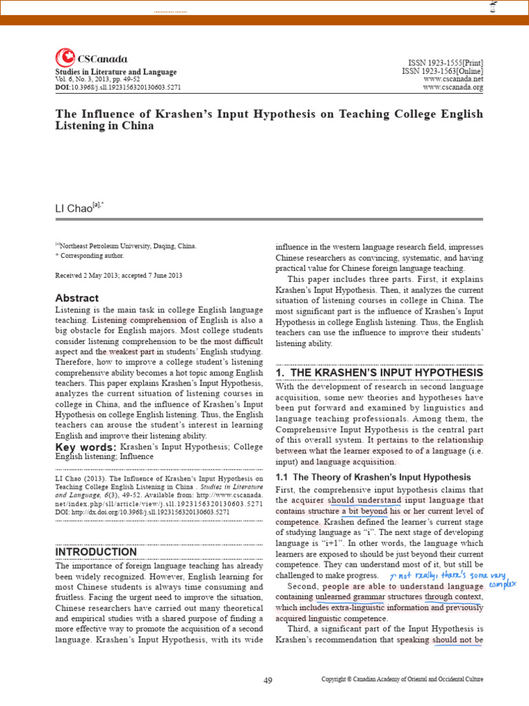 Influence of Input Hypothesis | PDF | Second Language Acquisition ...