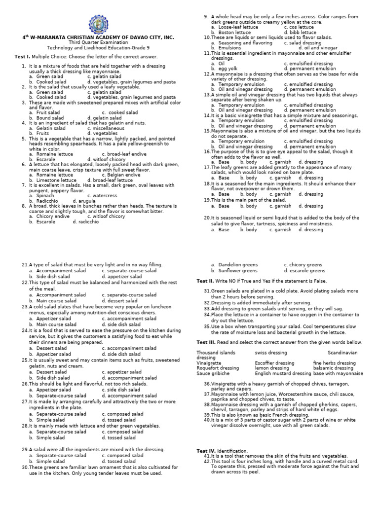 3rd quarter exam TLE 9 | PDF | Salad | Mayonnaise