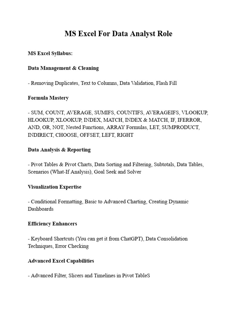 Ms Excel For Data Analyst Role2 Pdf Microsoft Excel Data Analysis 