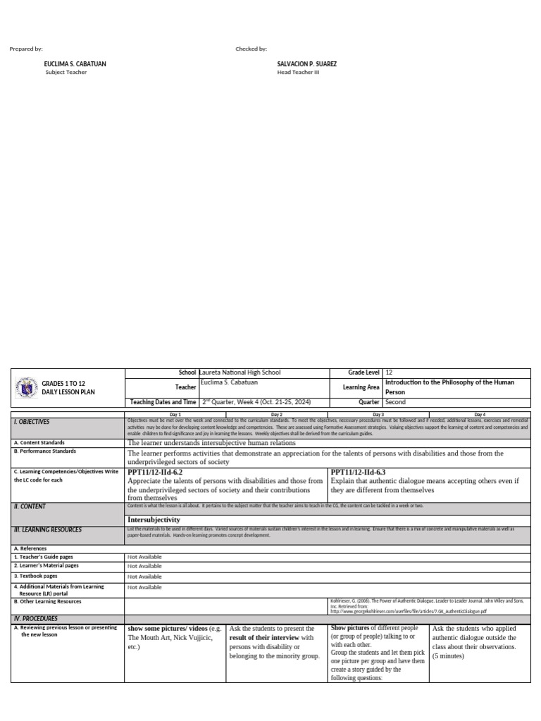 Dll-Philo-Lesson 5 (Intersubjectivity 1st Week) | PDF | Teachers | Learning