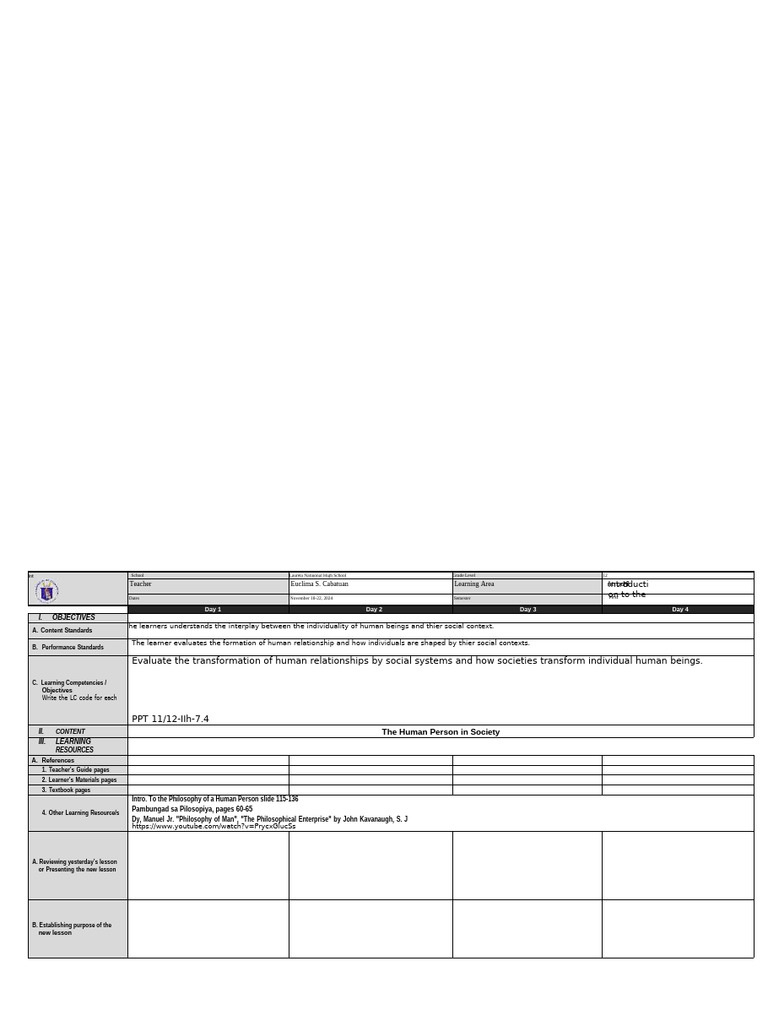Dll-Philo-Lesson 6 (Human Society 2nd Week) | PDF | Teachers | Cognition