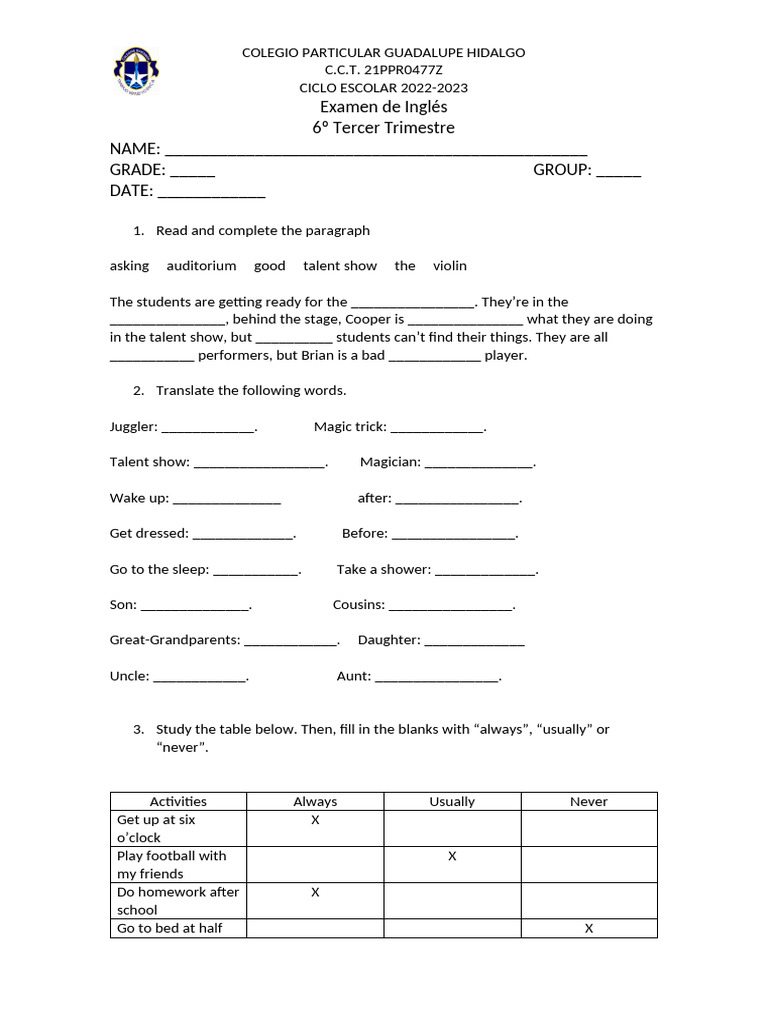 Examen de Inglés sexto | PDF